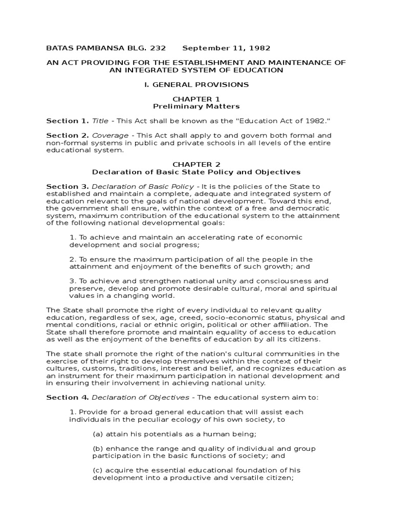 BP 232 - Education Act of 1982 | PDF | Private School | Higher Education