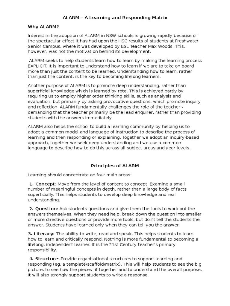 ALARM - A Learning and Responding Matrix Why Alarm? | PDF | Question ...