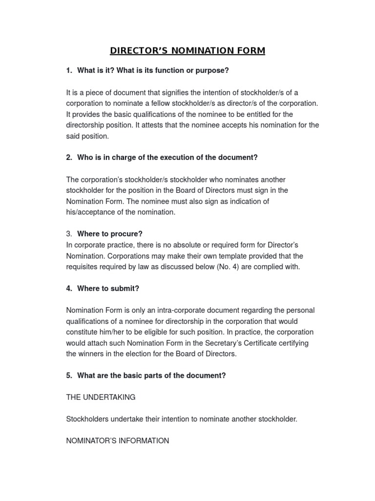 Director's Nomination Form | PDF | Board Of Directors | Corporations
