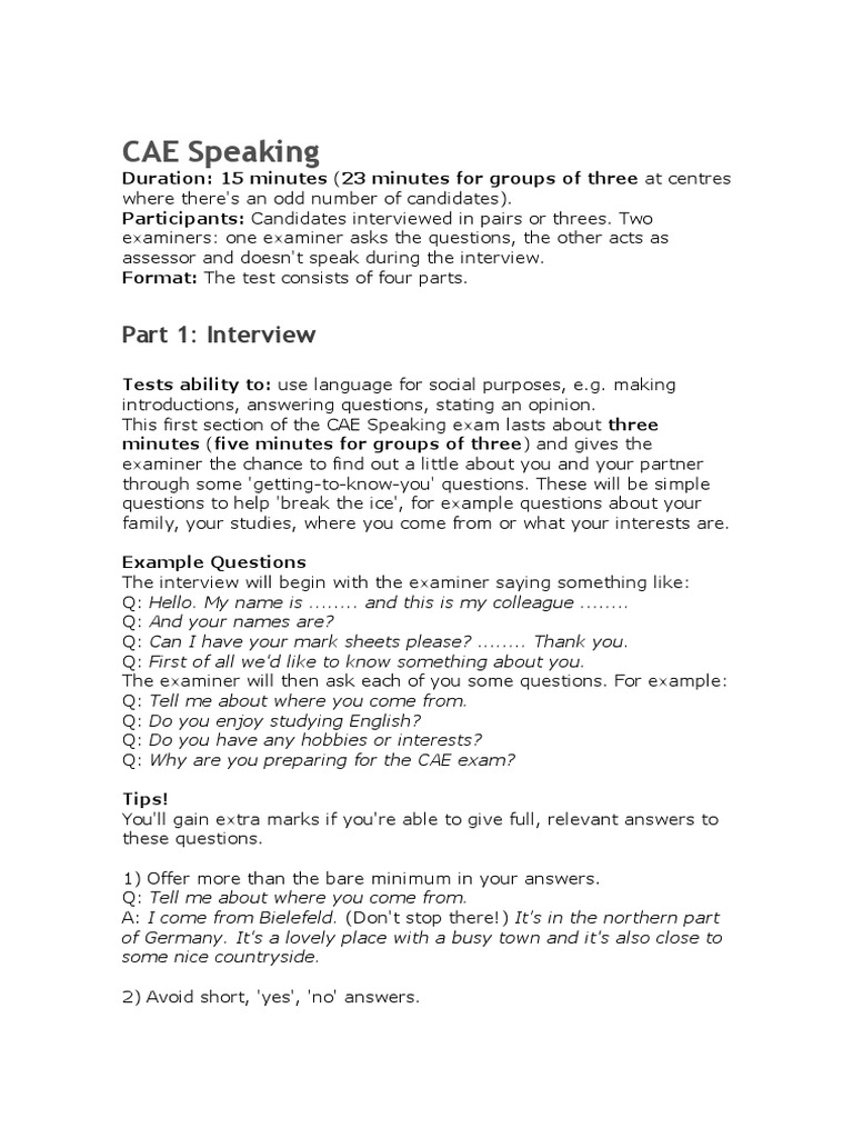 CAE Speaking: Part 1: Interview | PDF | Test (Assessment) | Communication