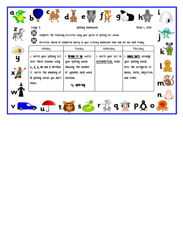 Stage 3 Spelling Homework Activities | PDF