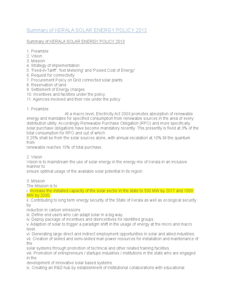 Ost-Kerala Solar Energy Policy 2013 | PDF | Solar Power | Electrical Grid