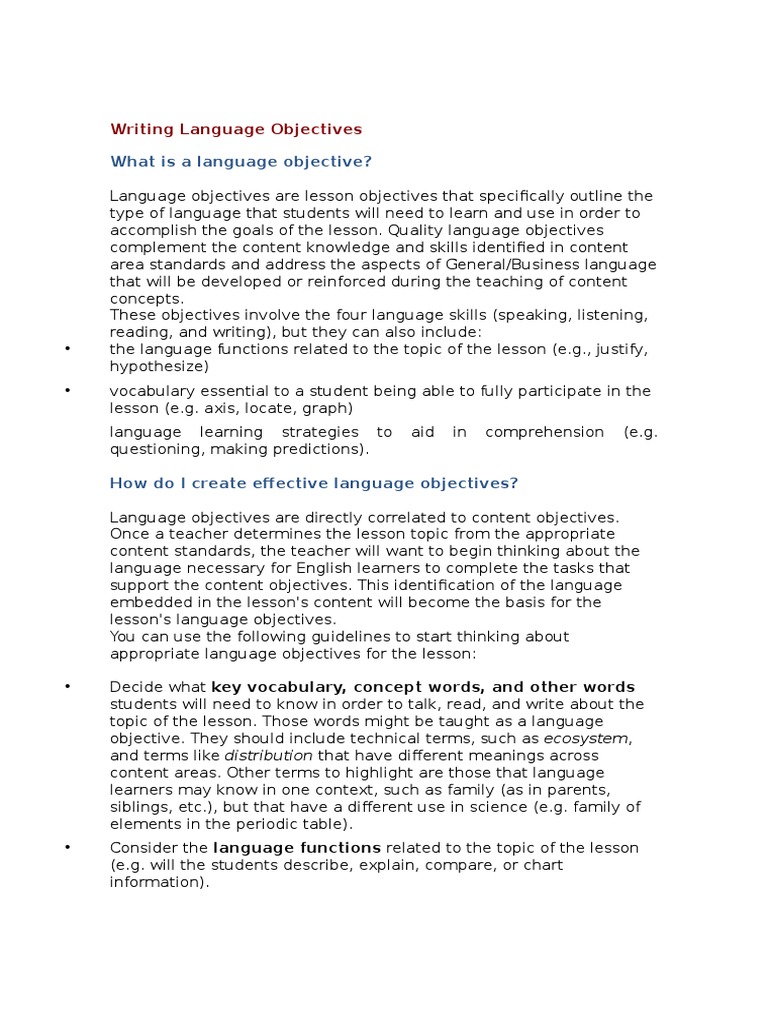 Writing Language Objectives | Download Free PDF | Vocabulary | Teaching