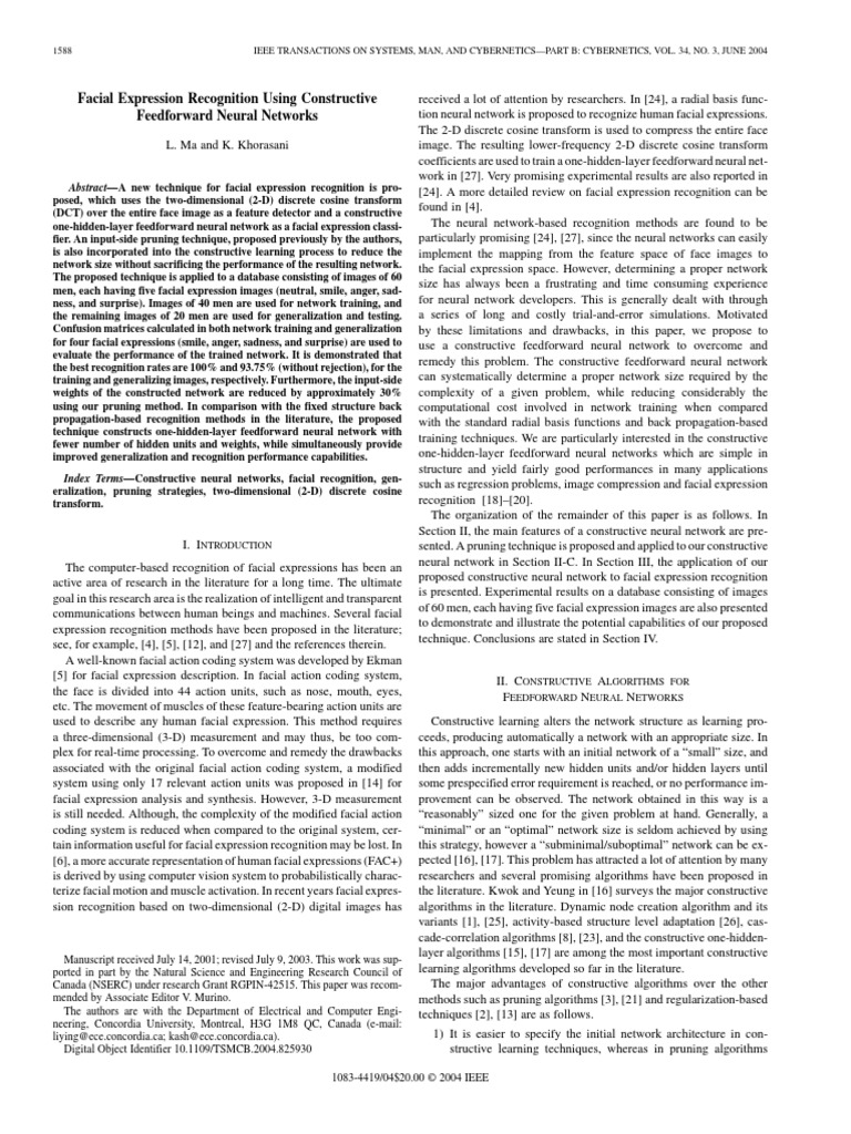 Facial Expression Recognition Using Constructive Feedforward Neural Networks 01298906 Pdf