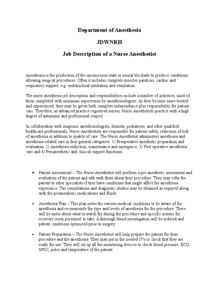 Nurse Anesthetist Job Responsibilities | PDF | Anesthesiologist ...
