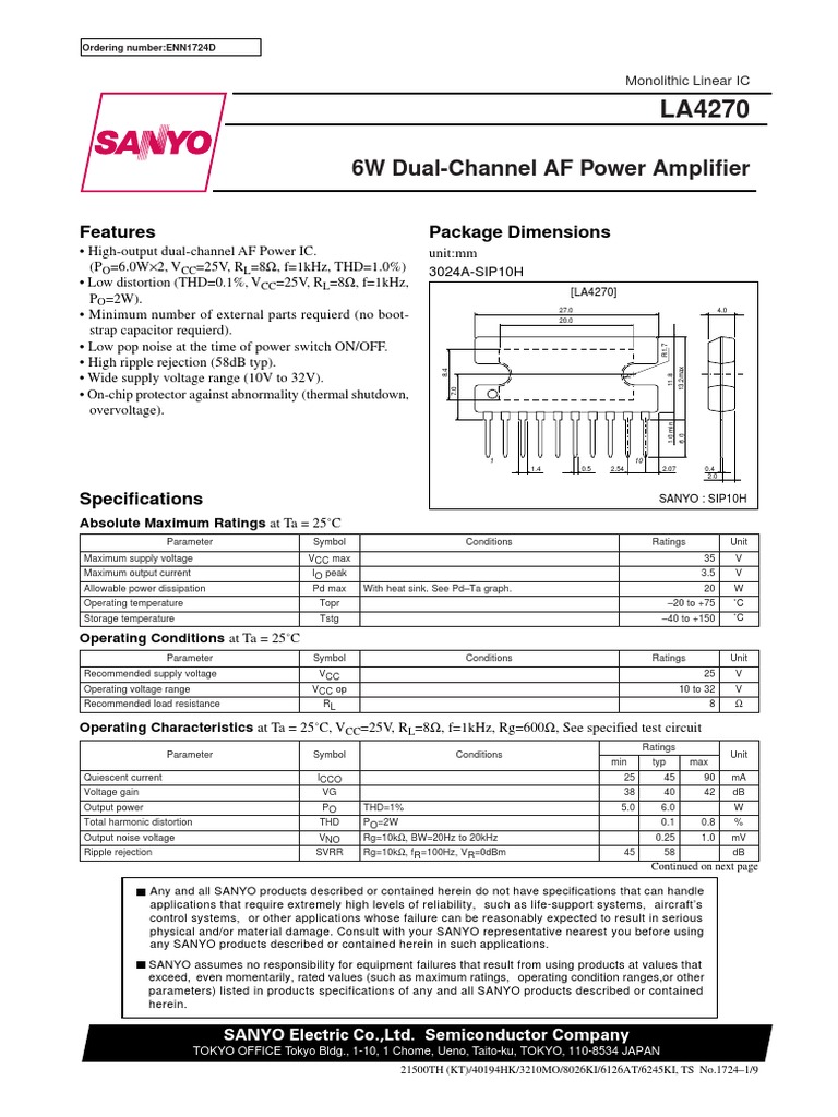 6W Dual-Channel AF Power Amplifier: Package Dimensions Features | PDF ...