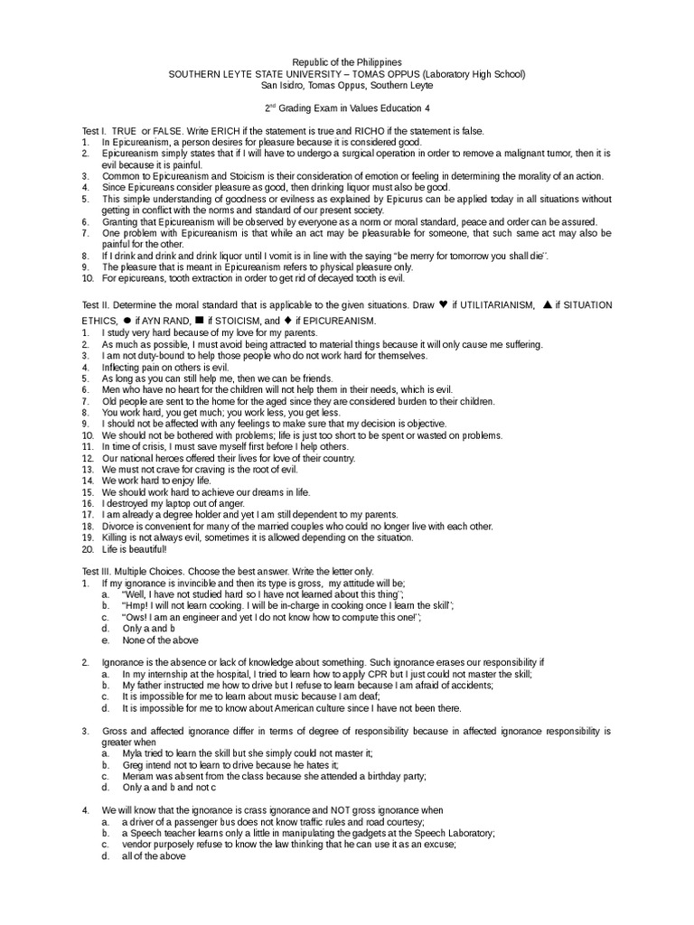 Analysis of a Values Education Exam on Ethics and Moral Philosophy ...