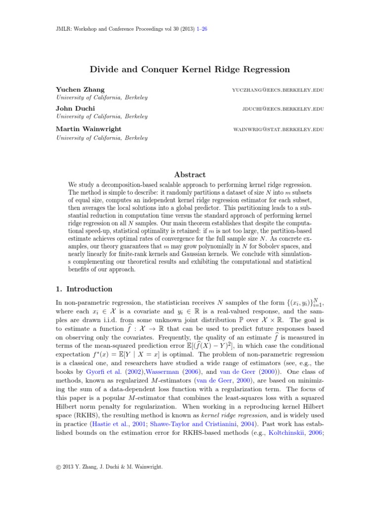 Divide and Conquer Kernel Ridge Regression: University of California ...