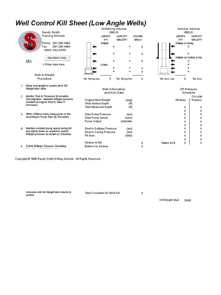 Well Control Kill Sheet (Low Angle Wells) | Download Free PDF ...