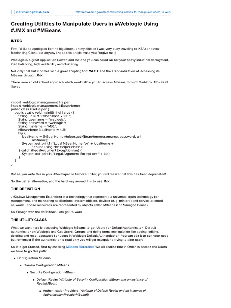 Creating Utilities To Manipulate Users in #Weblogic Using #JMX and #Mbeans | PDF | Information ...
