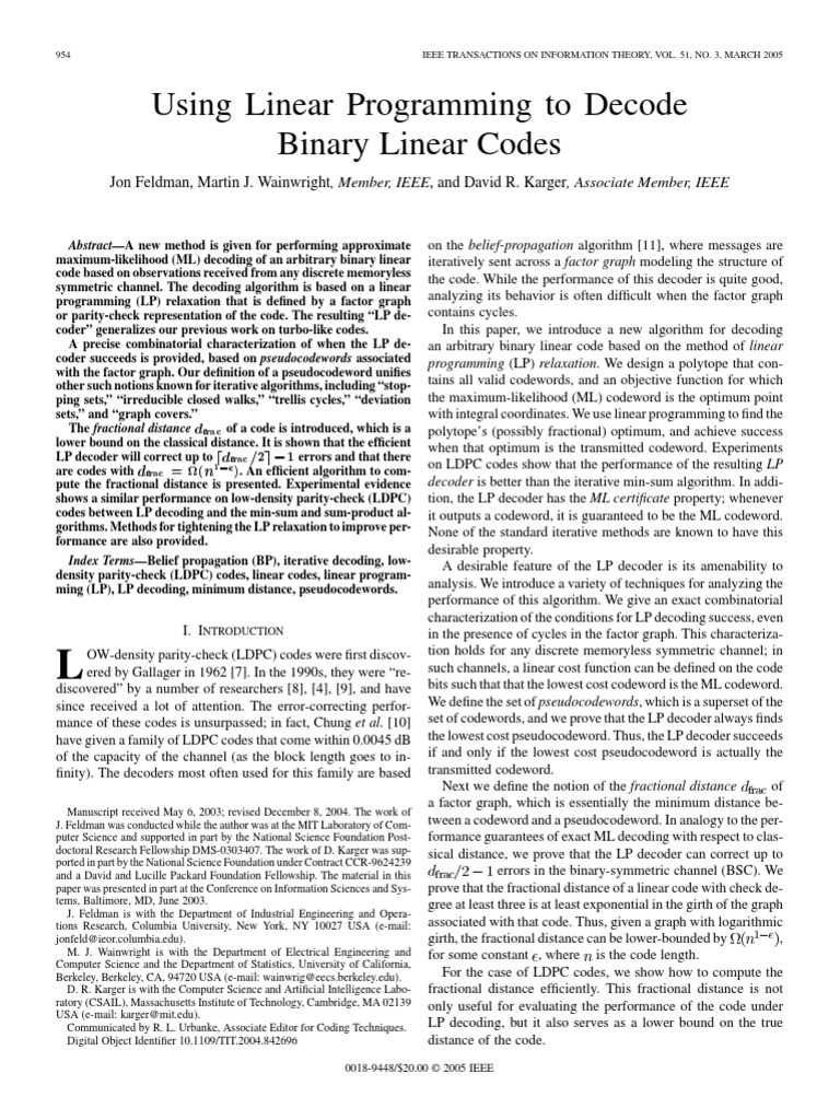 Using Linear Programming To Decode Binary Linear Codecs Pdf Linear Programming Low Density 