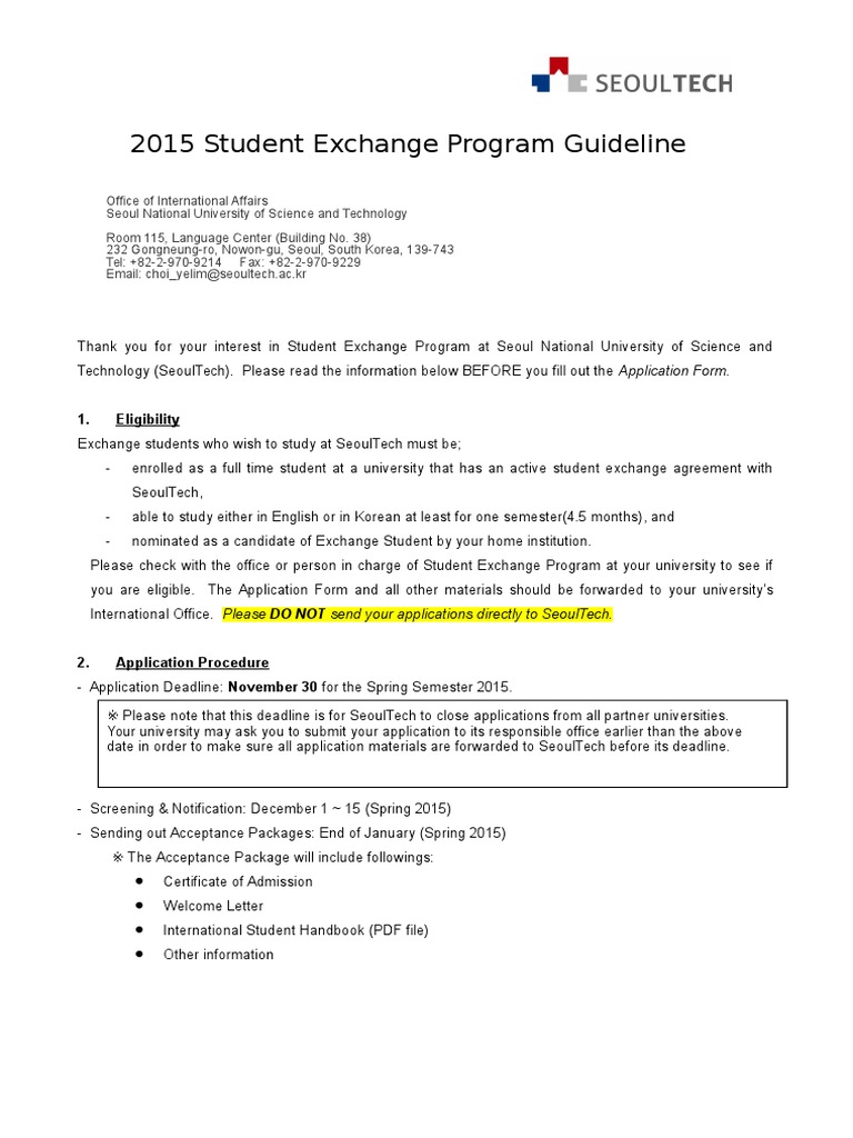 (SeoulTech) 2015 Student Exchange Program Guideline and Application | PDF | Travel Visa | South ...