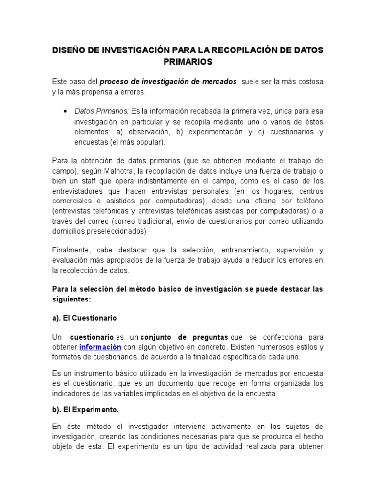Métodos de Recopilación de Datos Primarios | PDF | Cuestionario ...