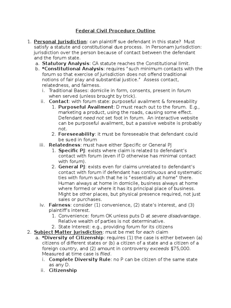 Federal Civil Procedure Outline | PDF | Diversity Jurisdiction ...