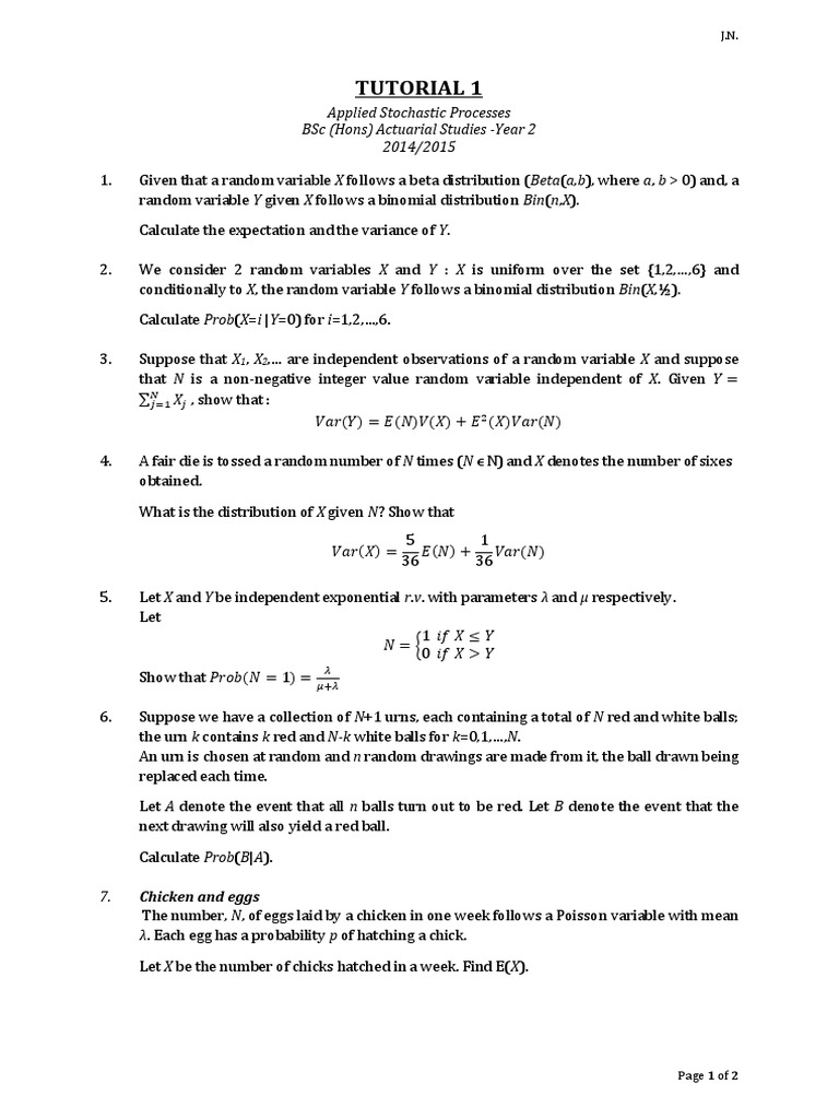 Tutorial Sheet 1 - Applied Stochastic Processes | Download Free PDF | Random Variable | Poisson ...