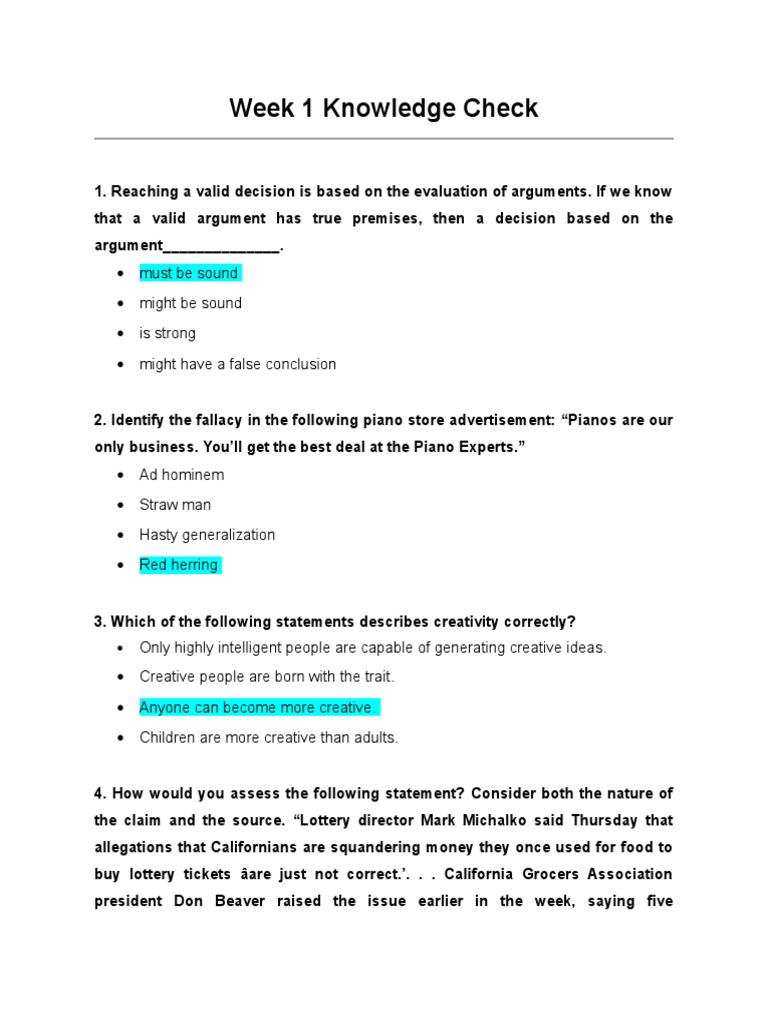 BUS 475 Week 1 Knowledge Check | PDF | Leadership | Argument