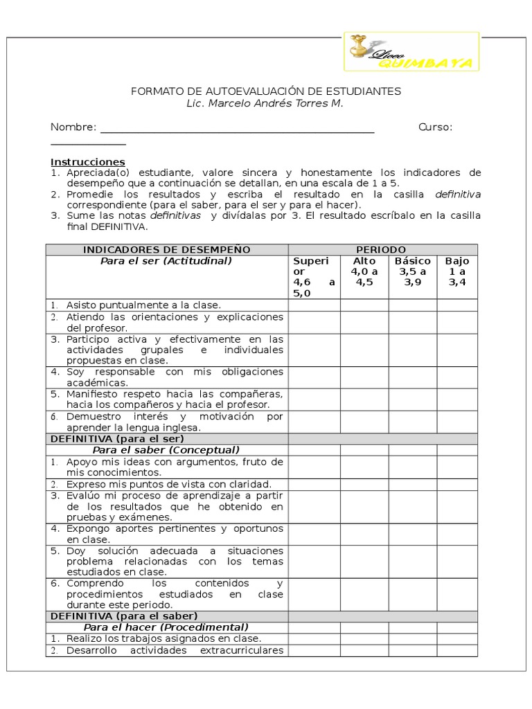 Autoevaluación Del Estudiante De Secundaria