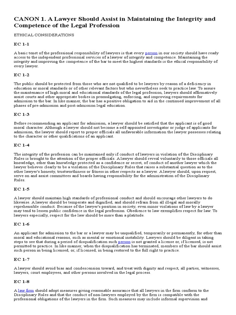 CANON 1. A Lawyer Should Assist in Maintaining The Integrity and ...