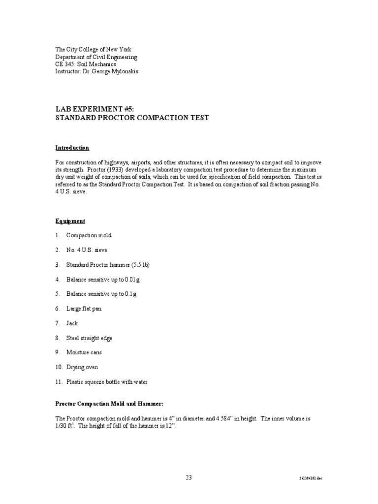 Lab Experiment #5: Standard Proctor Compaction Test