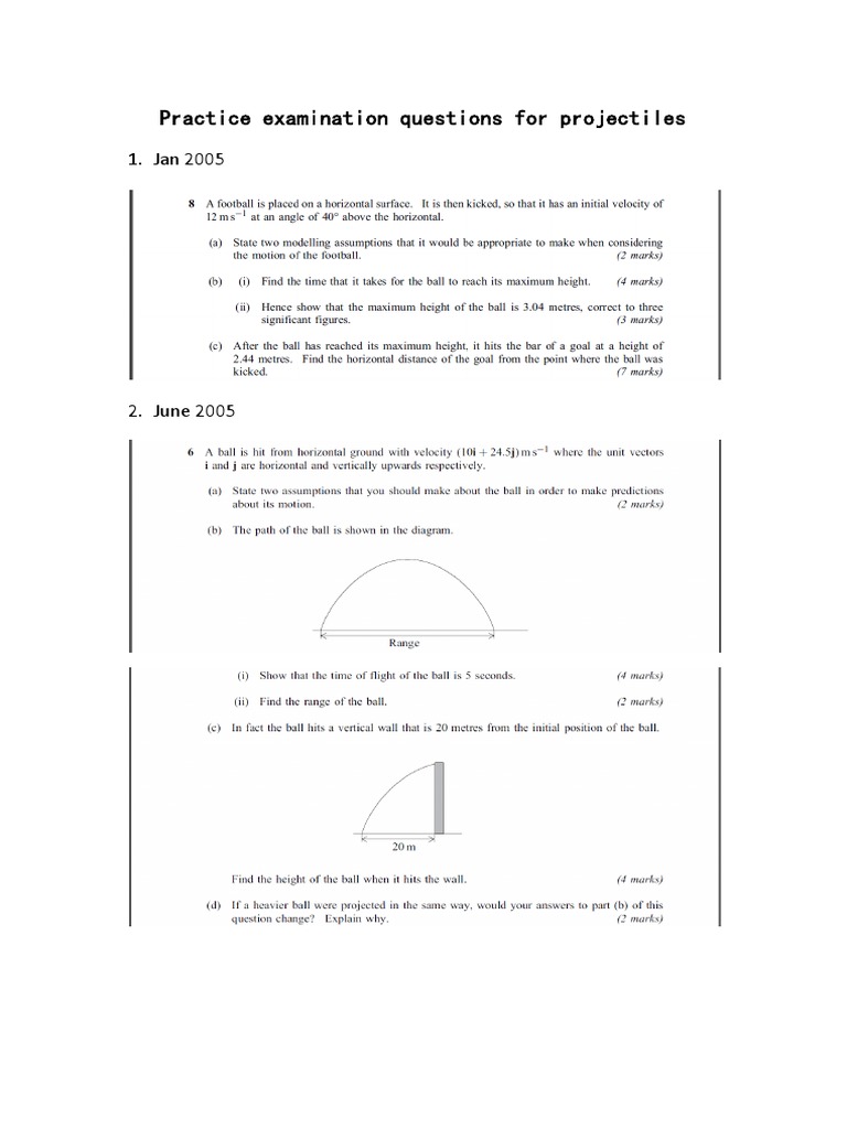 Practice Examination Questions For Projectiles | PDF