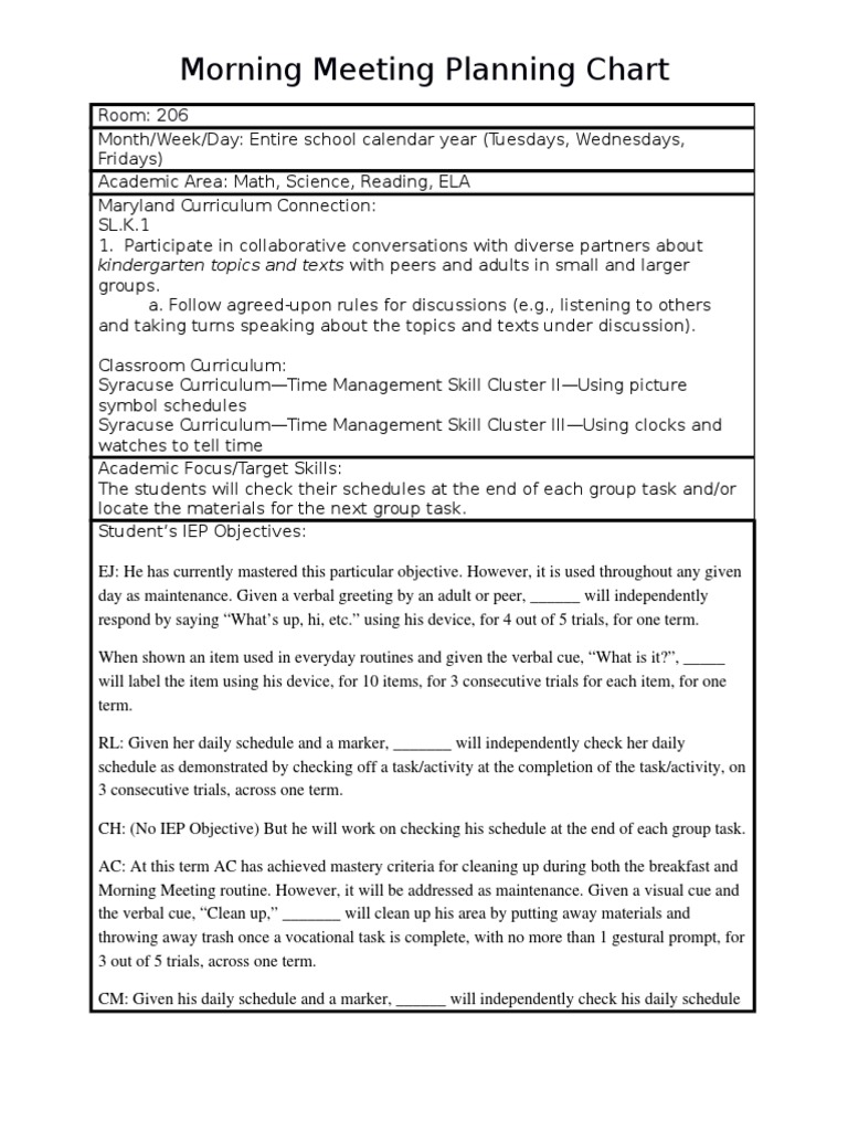 Morning Meeting Lesson Plan | PDF | Curriculum | Individualized ...