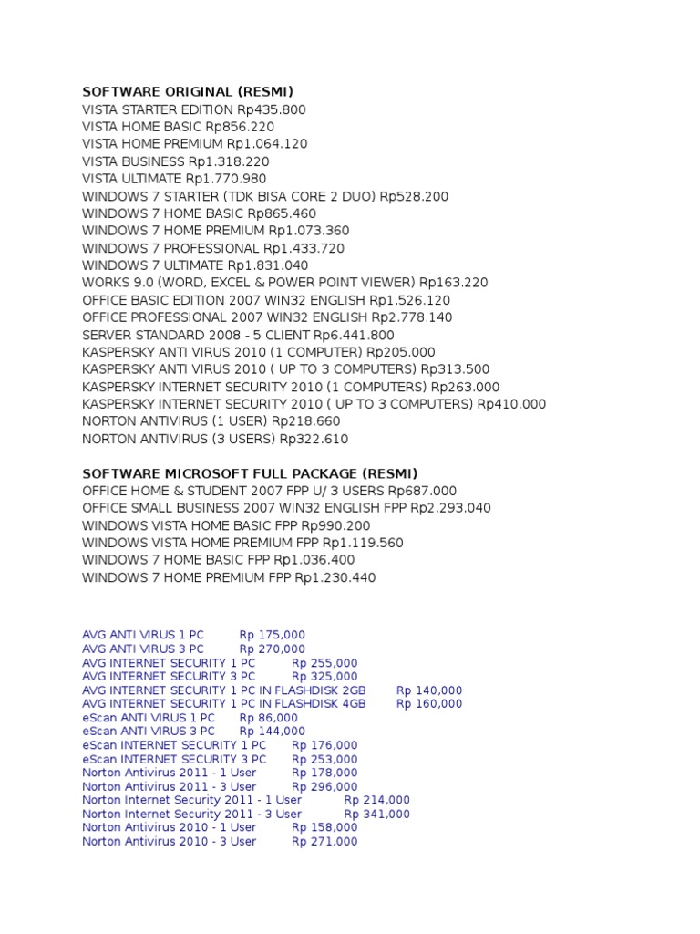 Software Prices and Options List | PDF | Computers