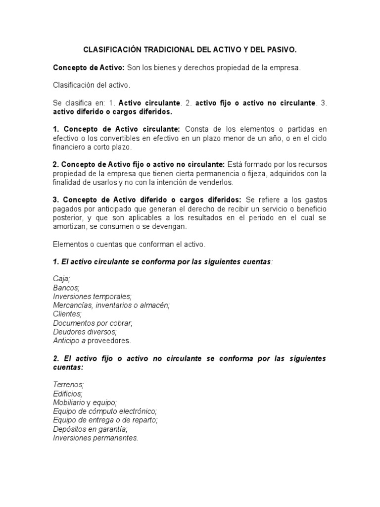 Clasificación Tradicional Del Activo y Del Pasivo | PDF | Economias | Dinero