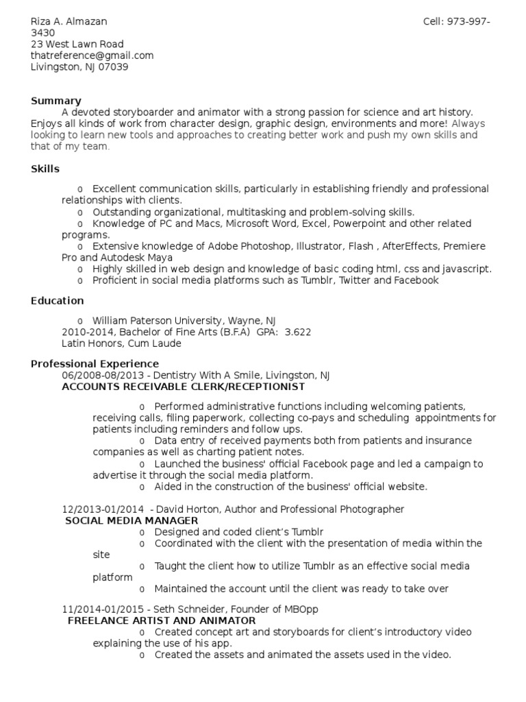 Storyboarder and Animator Resume | PDF