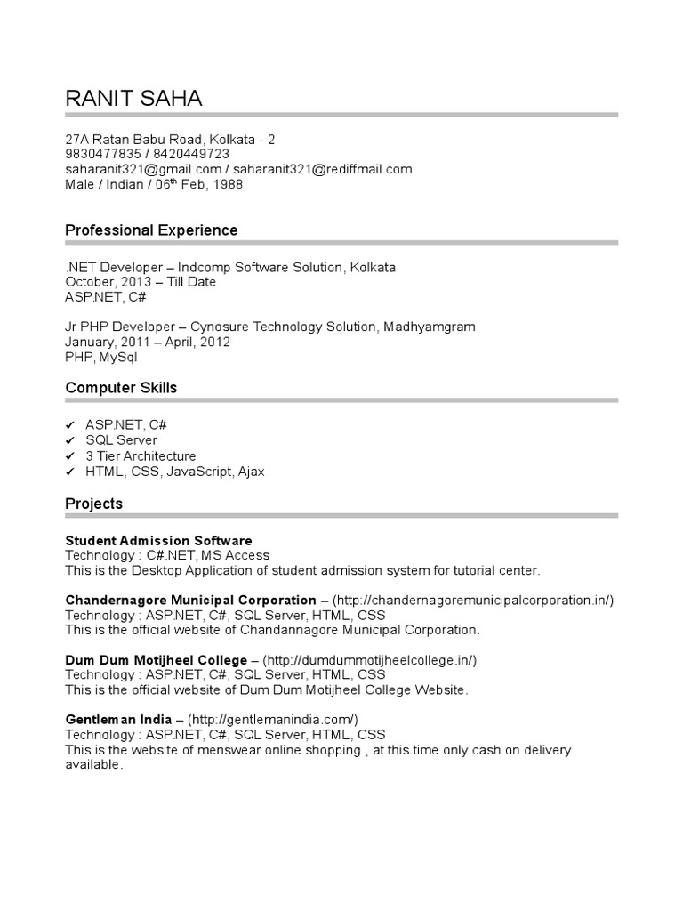 Ranit Saha: .NET Developer Profile | PDF