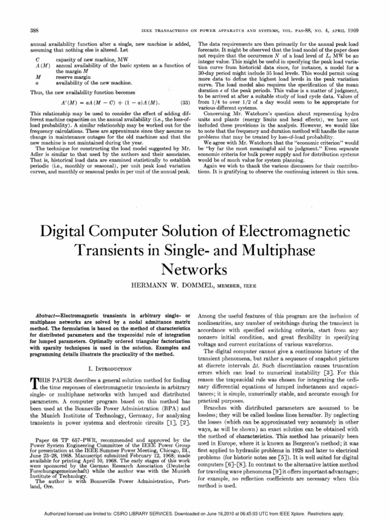 Digital Computer Solution of Electromagnetic Transients in Single and Multiple Networks | PDF