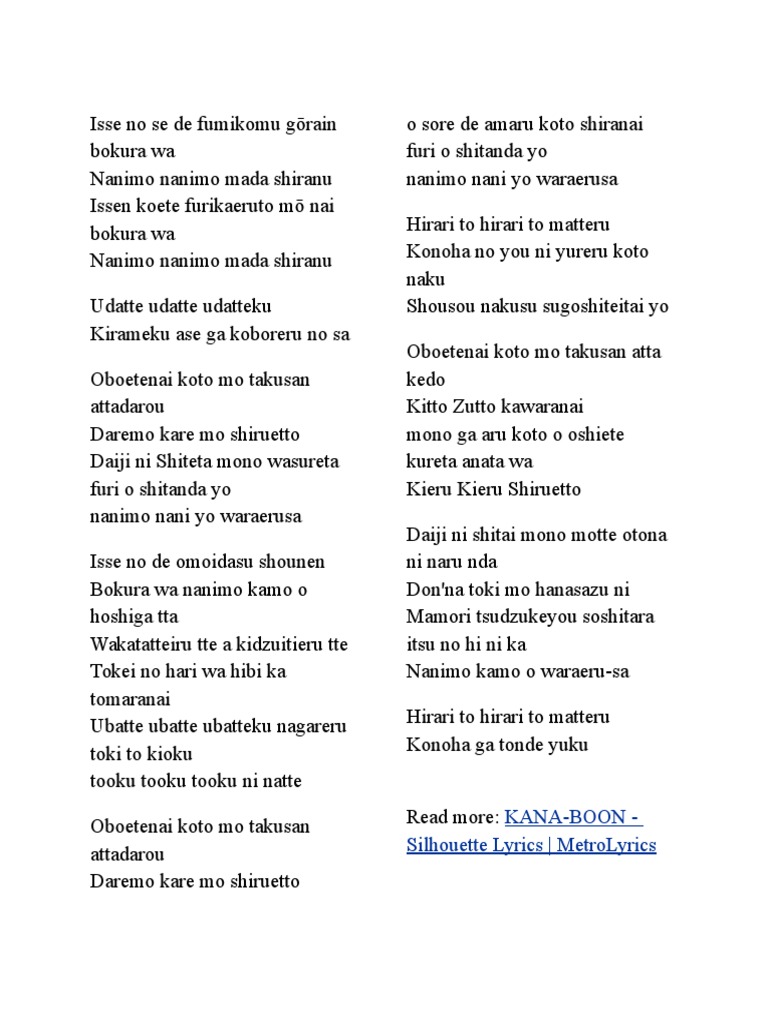 Kana-Boon - Silhouette Lyrics - Metrolyrics | PDF