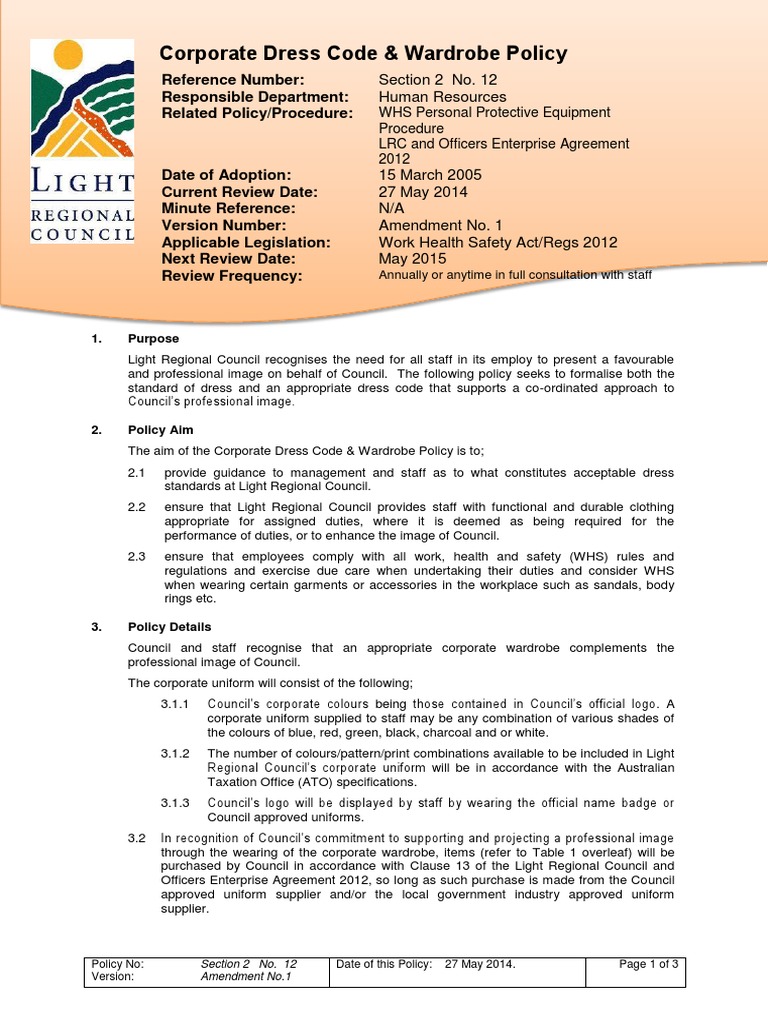Corporate Dress Code Policy Overview | PDF | Clothing | Softlines (Retail)