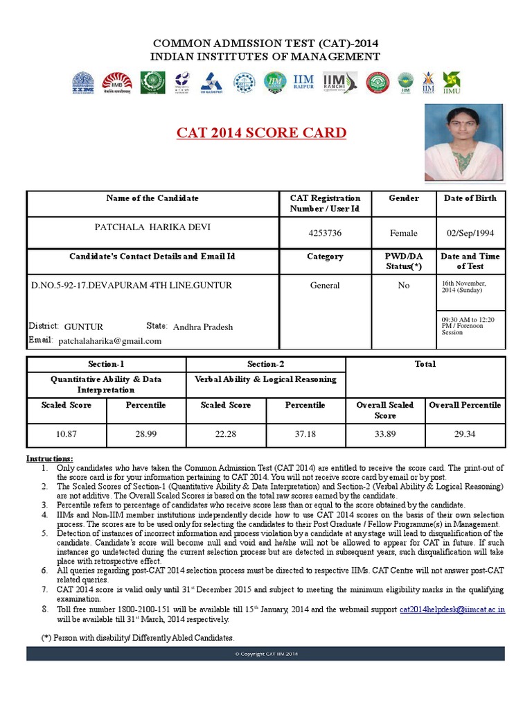 CAT 2014 Score Card Details | PDF
