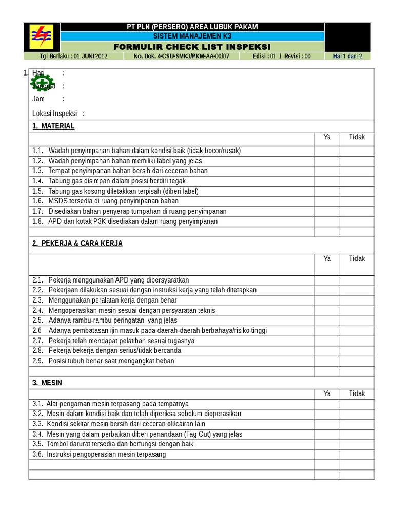 Form Check List Inspeksi A4 Ok | PDF