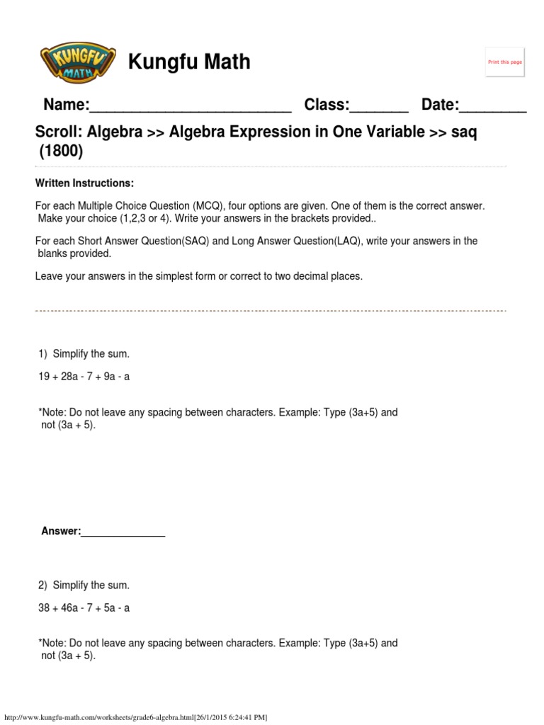 Algebra Worksheets Grade 6 Pdf 6th Grade Math Worksheets | Grade 6
