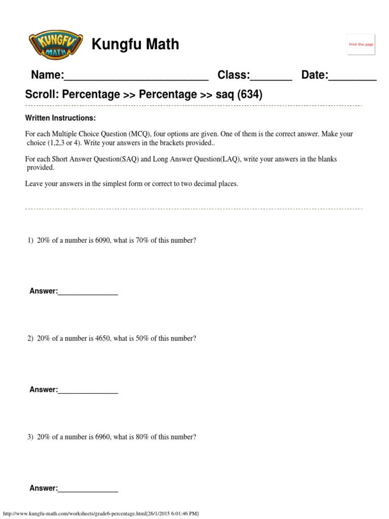 Singapore Math Worksheets Grade 6 Percentage | PDF | Educational ...
