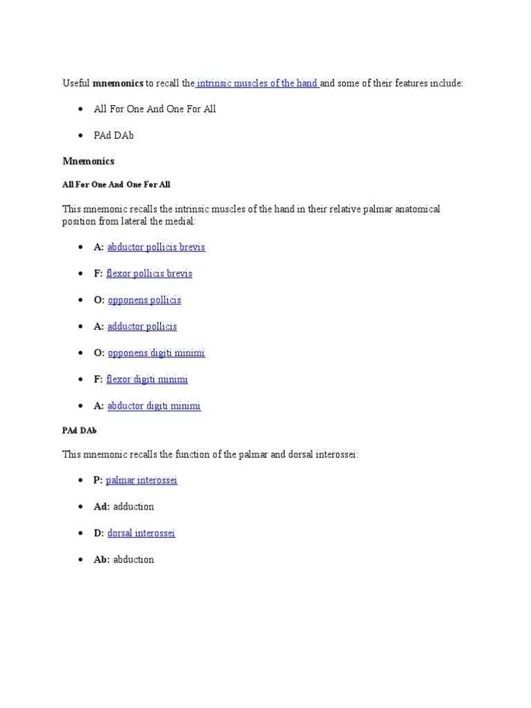 Mnemonics for Hand Muscles | PDF