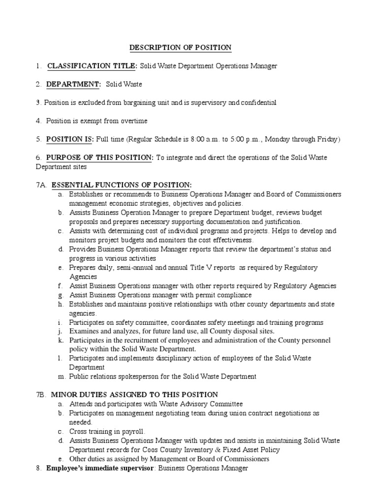 Description of Position | PDF | Operations Management | Employment