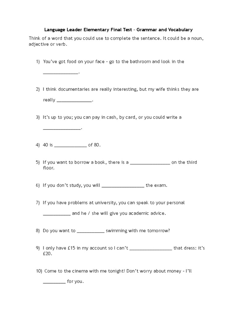 Language Leader Elementary Final Test - Grammar and Vocabulary | PDF ...