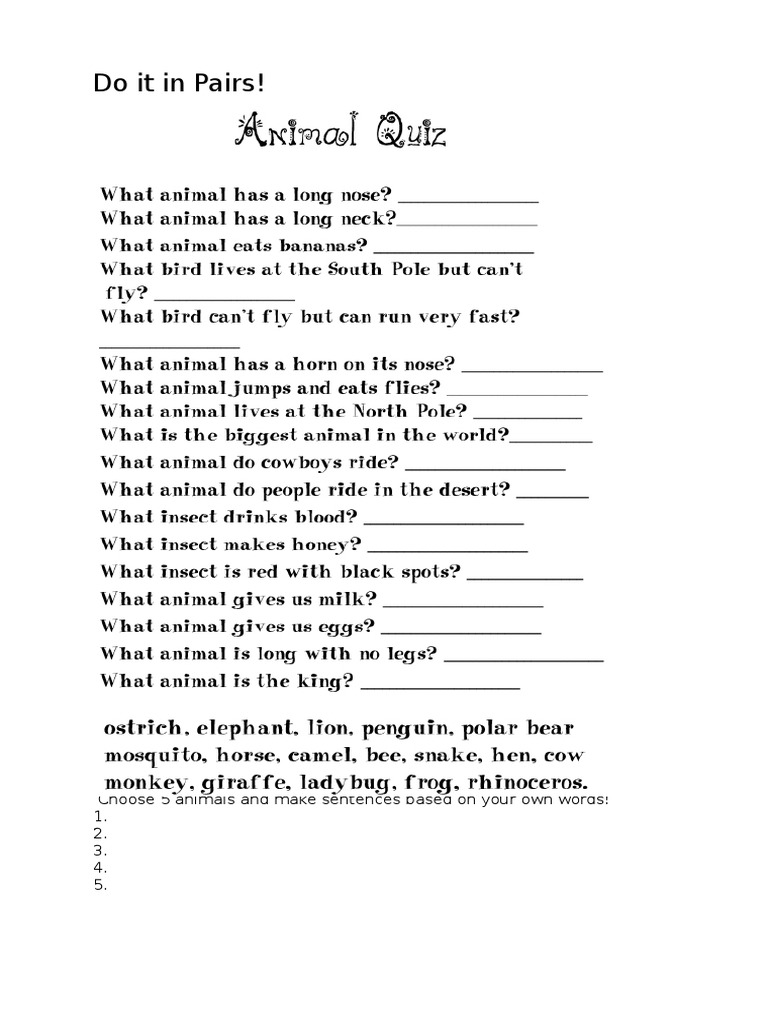 Fun Animal Sentence Activity | PDF