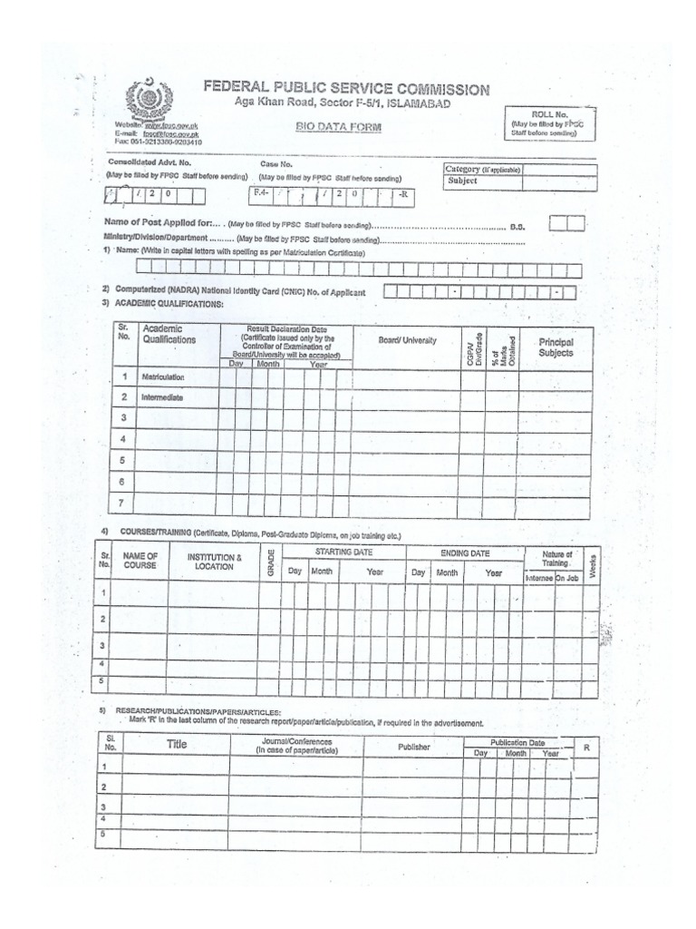 FPSC Bio DATA FORM | PDF