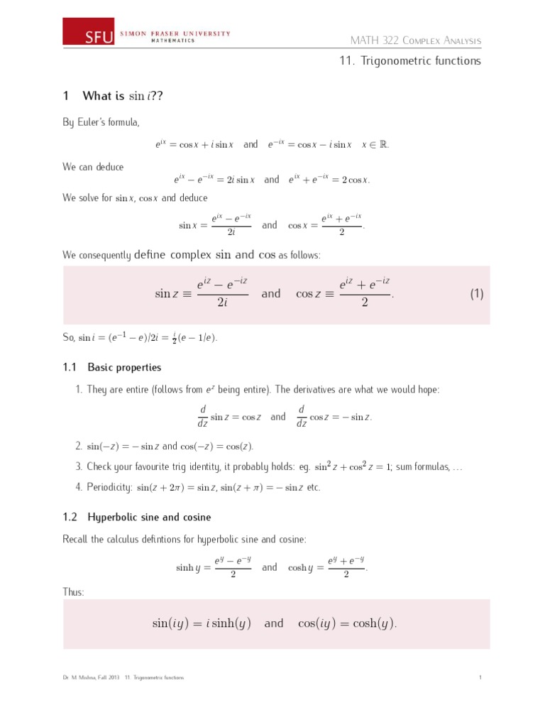 Complex Trigonometric Functions Trigonometric Functions Sine