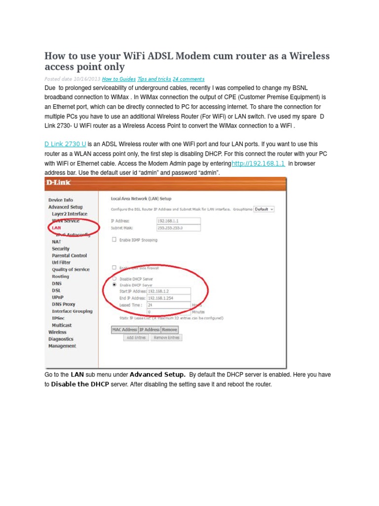 How To Use Your WiFi ADSL Modem Cum Router As A Wireless Access Point ...
