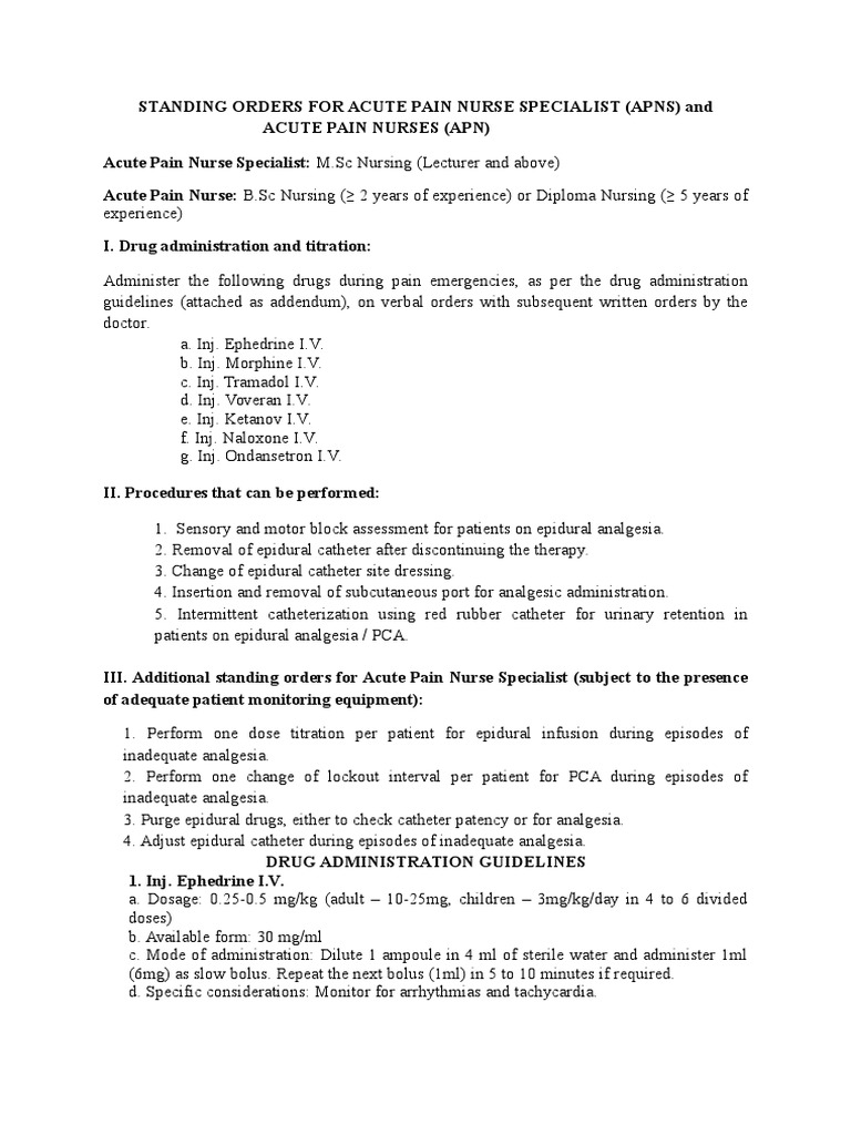 Standing Orders For Acute Pain Nurses | PDF | Analgesic | Intravenous ...