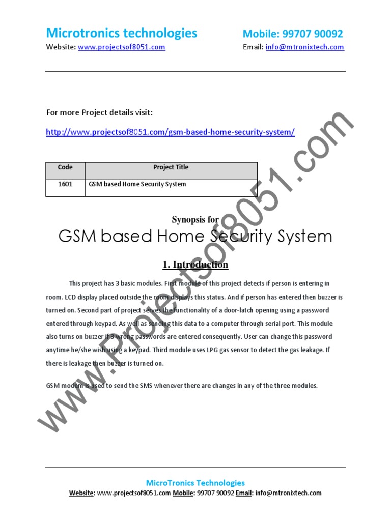 Synopsis of GSM Based Home Security System | PDF | Security Alarm | Password