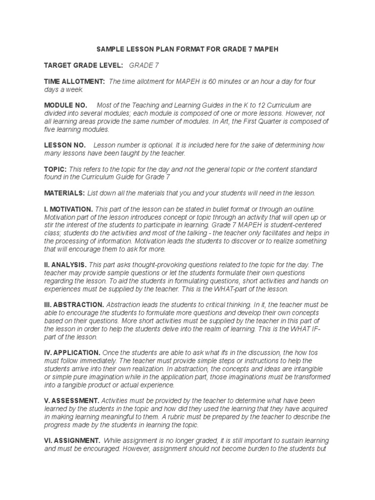 Sample Lesson Plan Format For Grade 7 Mapeh | PDF | Lesson Plan | Teachers