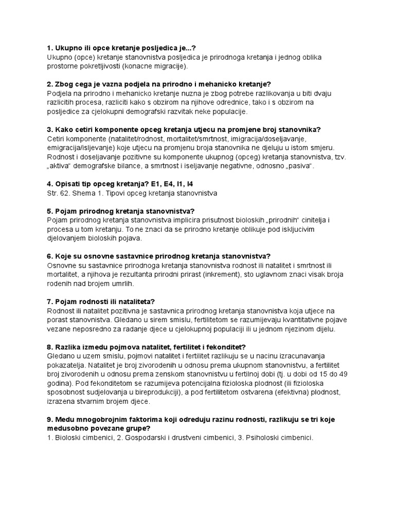 Demografija - Osnovna Pitanja Za Zavrsni Ispit | PDF
