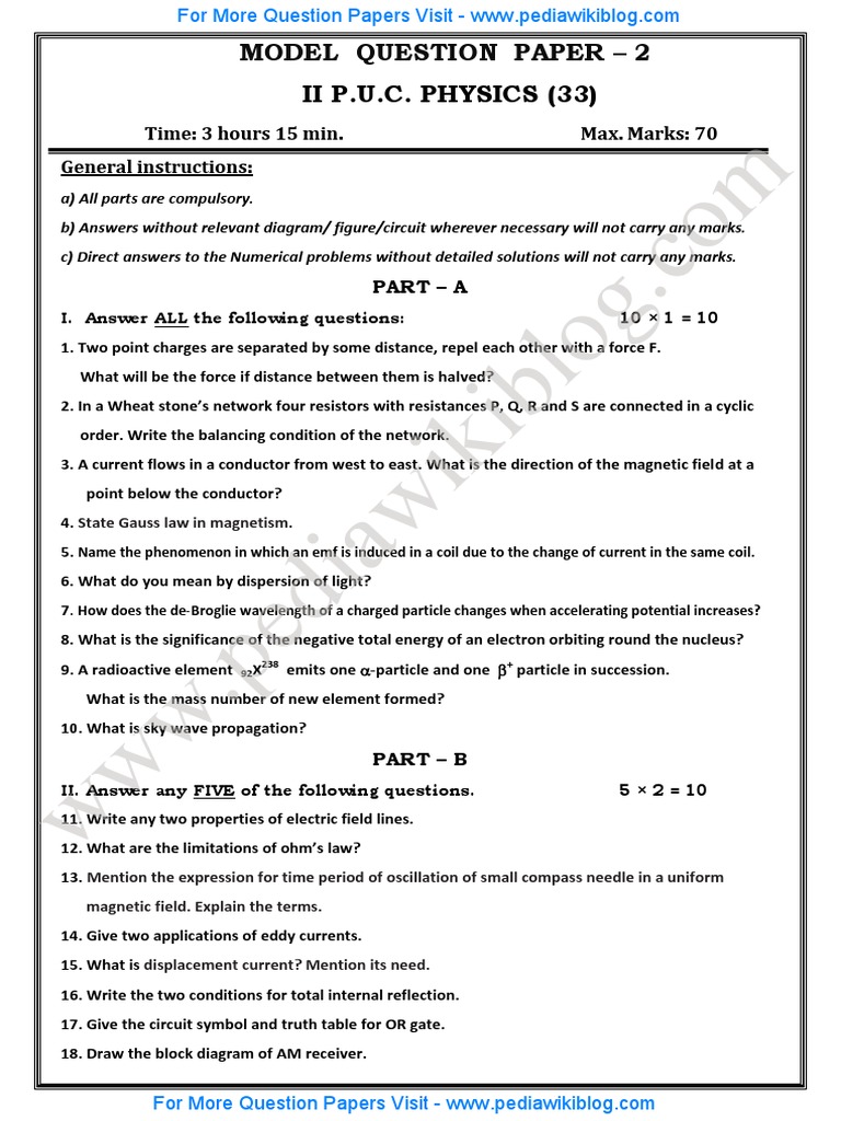 2nd PU Physics Model QP 2 | PDF | Photoelectric Effect | Magnetic Field