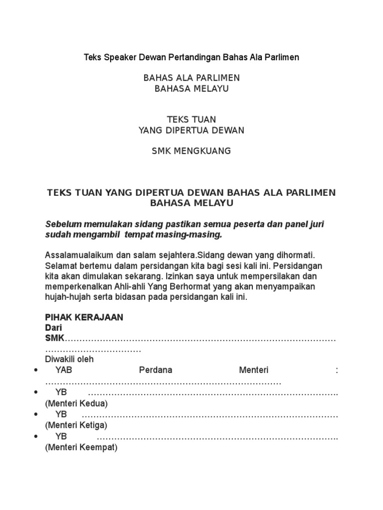 Teks Speaker Dewan Pertandingan Bahas Ala Parlimen SMKM 2015 | PDF | Kajian Bahasa Asing | Hukum