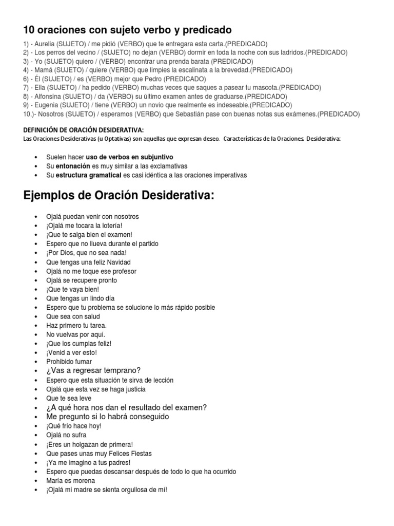 10 Oraciones Con Sujeto Verbo y Predicado | PDF | Predicado (Gramática ...
